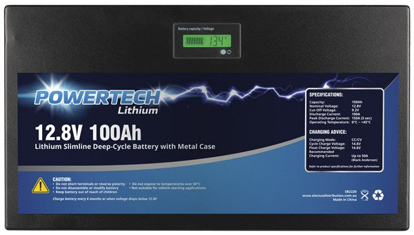POWERTECH 12.8V 100Ah Lithium Slimline Deep Cycle Battery with Metal C ...
